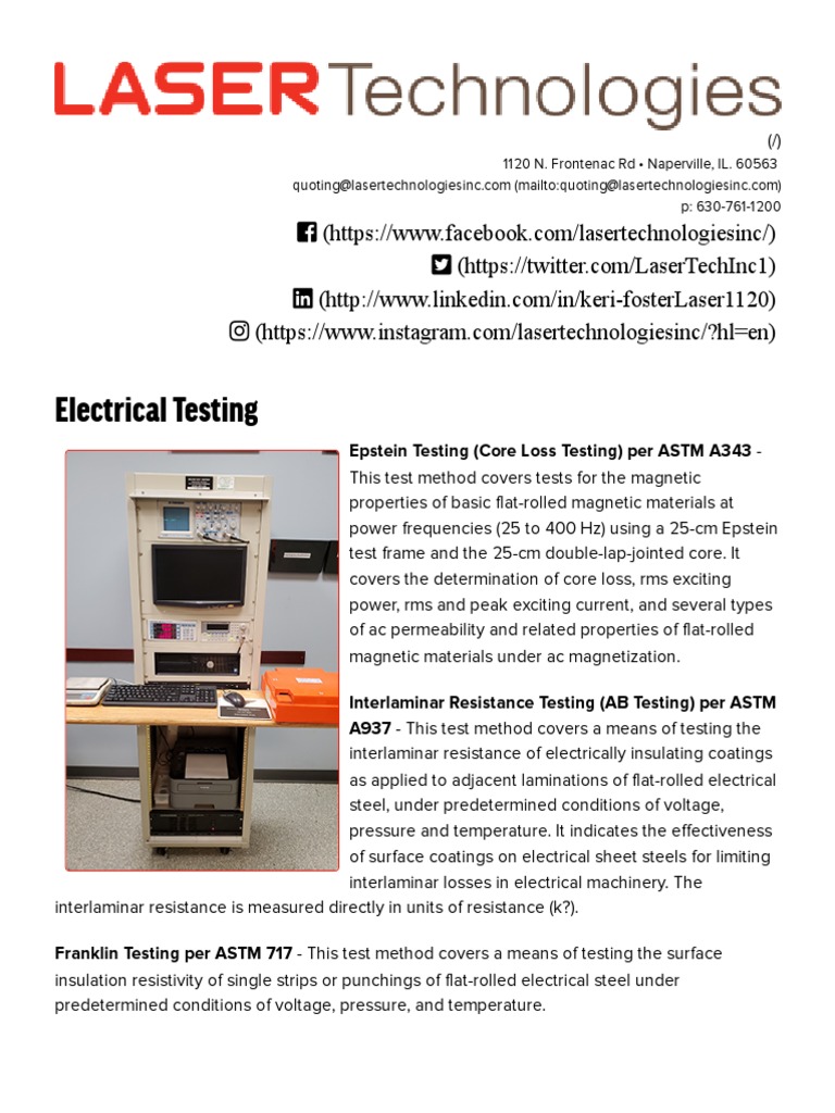 Electrical Testing: Epstein Testing (Core Loss Testing) Per ASTM A343 ...
