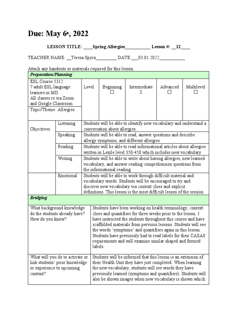 Lesson Plan Allergies | PDF
