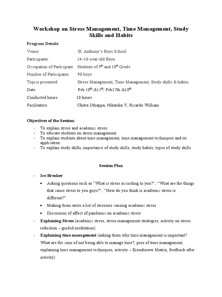 Workshop On Stress Management, Time Management, Study Skills and Habits ...