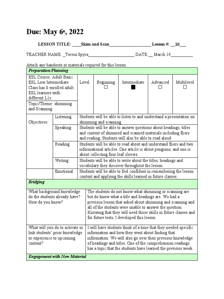 Skim and Scan Lesson Plan | PDF | Reading Comprehension | English As A ...
