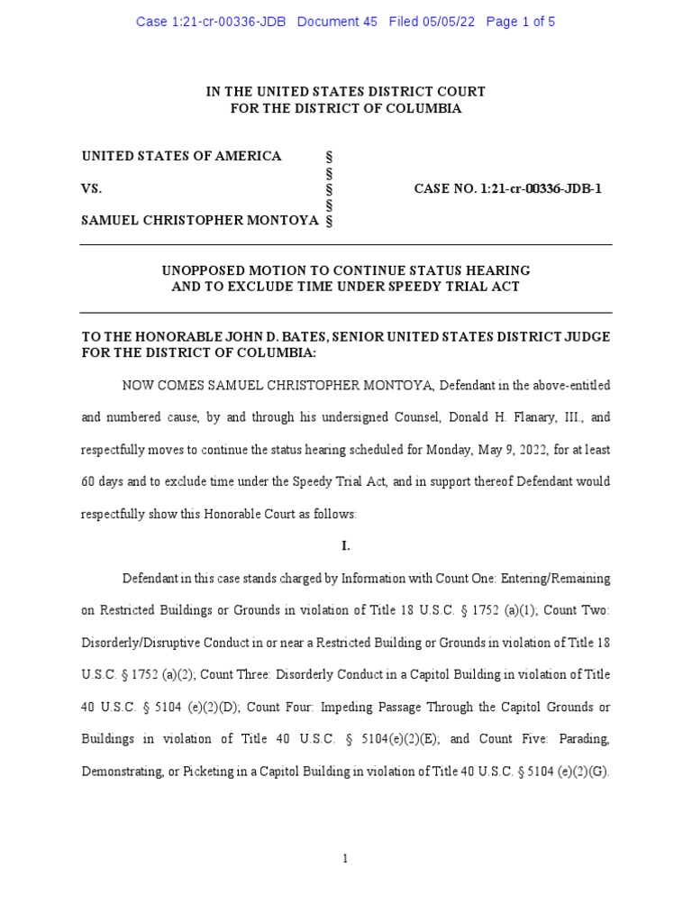 US Montoya Motion To Continue Hearing | PDF | Continuance | Plea