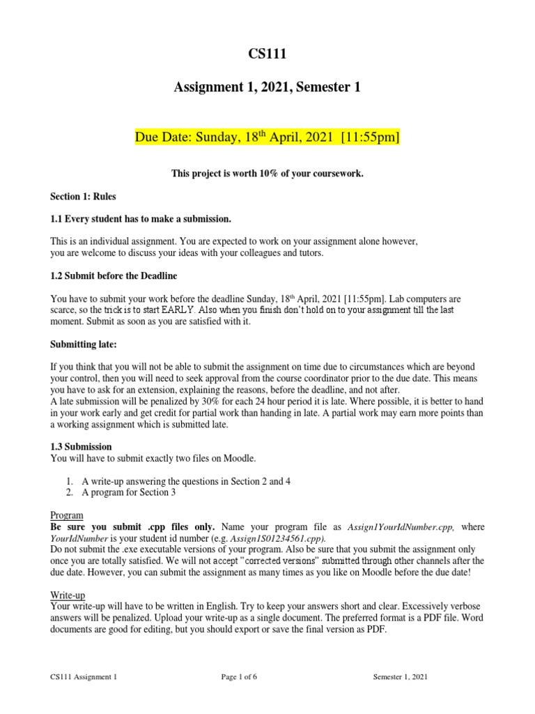 Due Date: Sunday, 18 April, 2021 (11:55pm) : CS111 Assignment 1, 2021, Semester 1 | Download ...