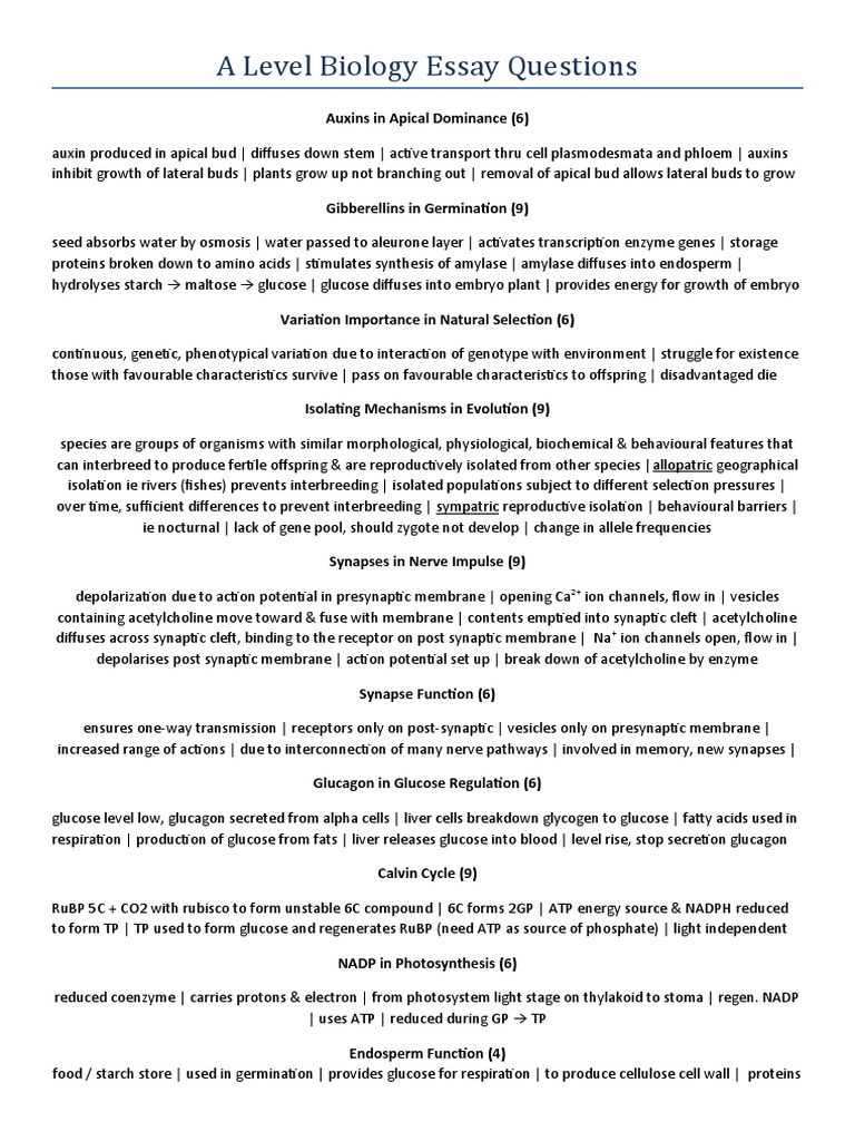 A Level Biology Essay Model Answers | PDF | Adenosine Triphosphate ...