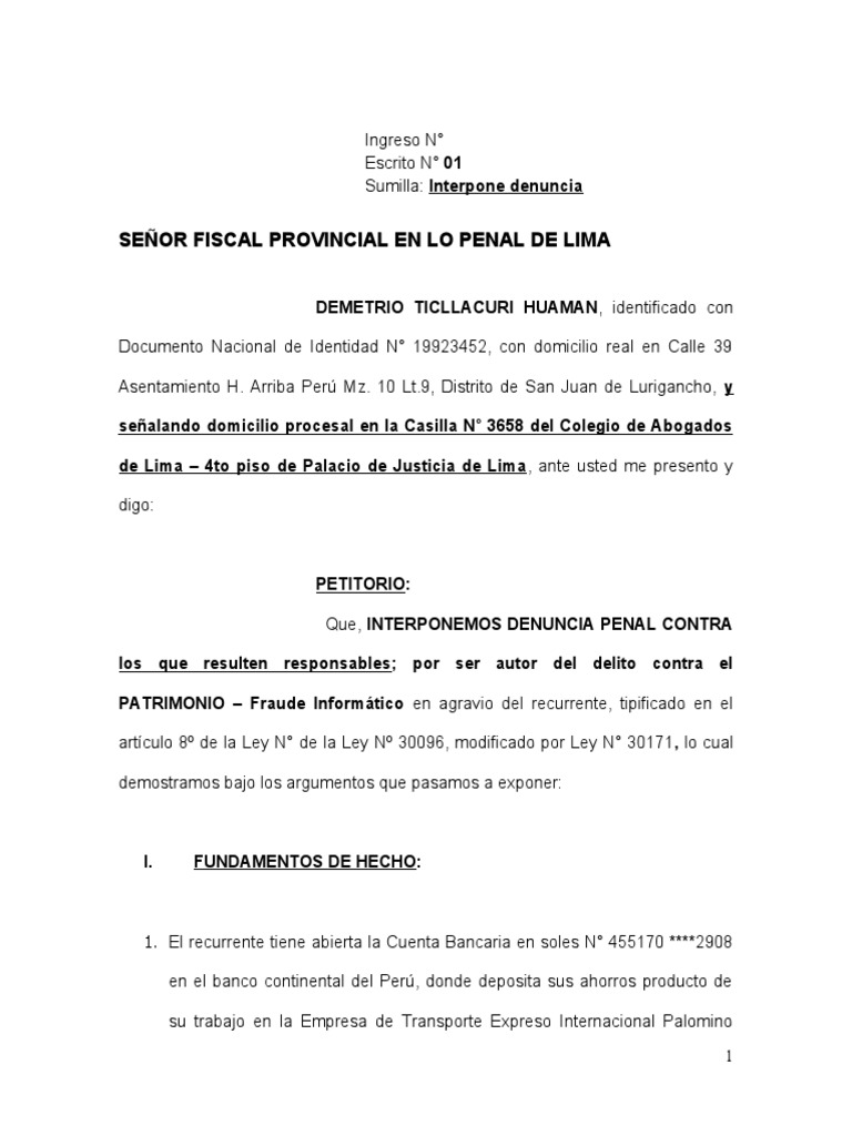 Denuncia Penal - FRAUDE INFORMATICO | PDF | Bancos | Lima
