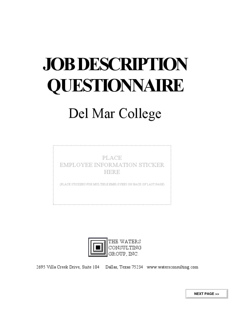 Job Description Questionnaire | PDF | Performance Appraisal | Employment