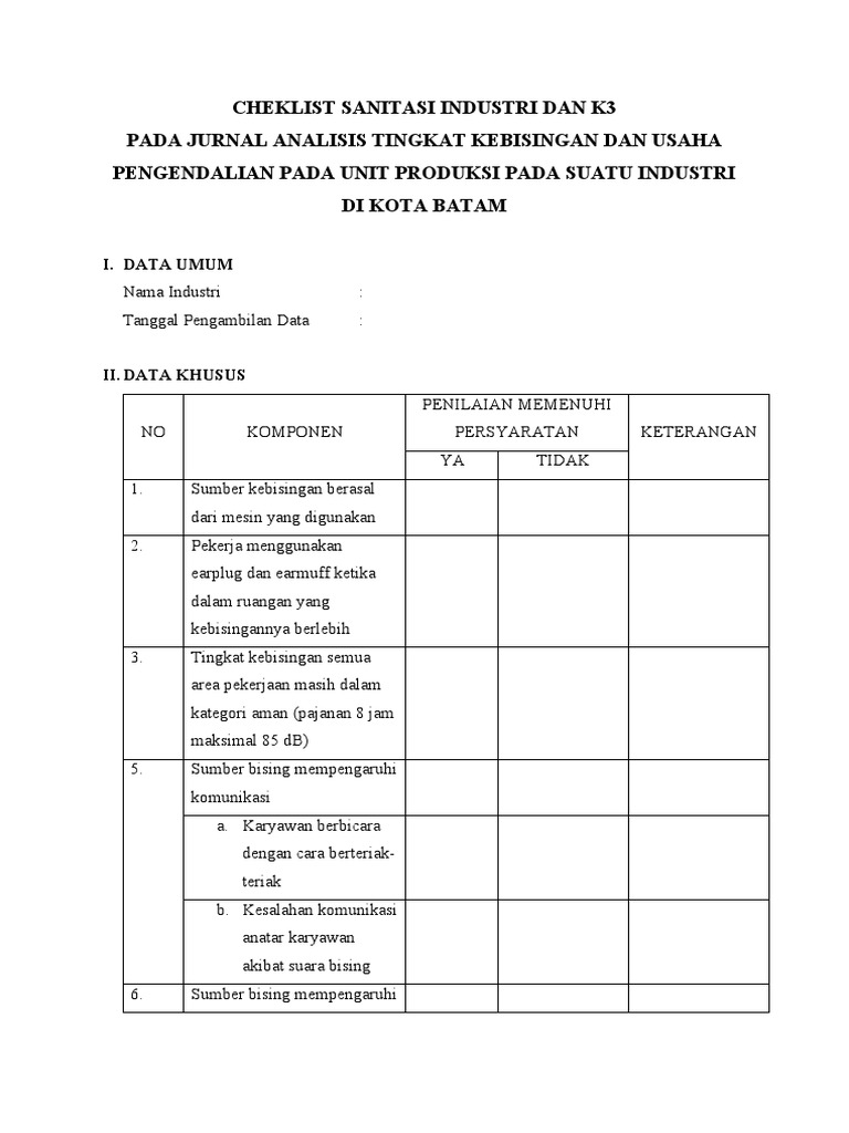 Cheklist Sanitasi Industri Dan K3 | PDF