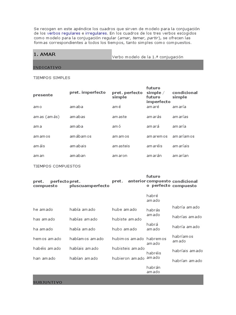 Paradigma Verbal Modelo Amar Temer Partir | PDF | Verbo | Conjugación ...