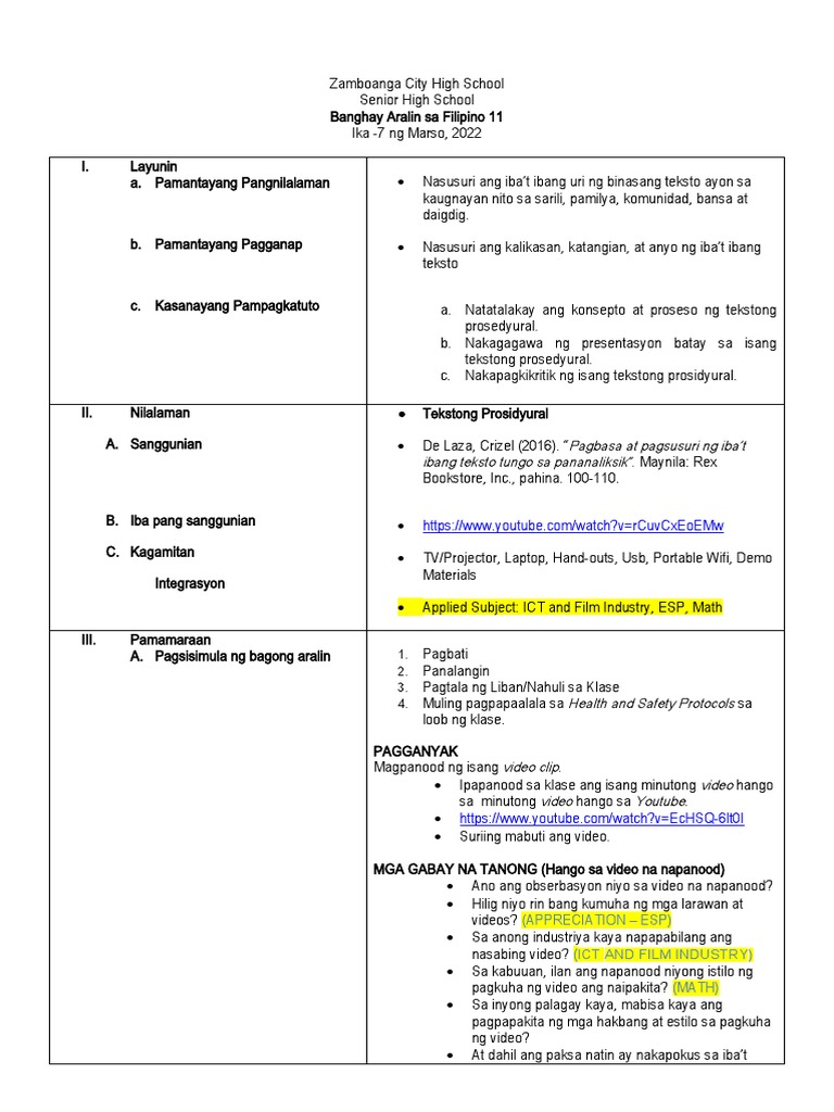 Banghay Aralin - Filipino 11 | PDF