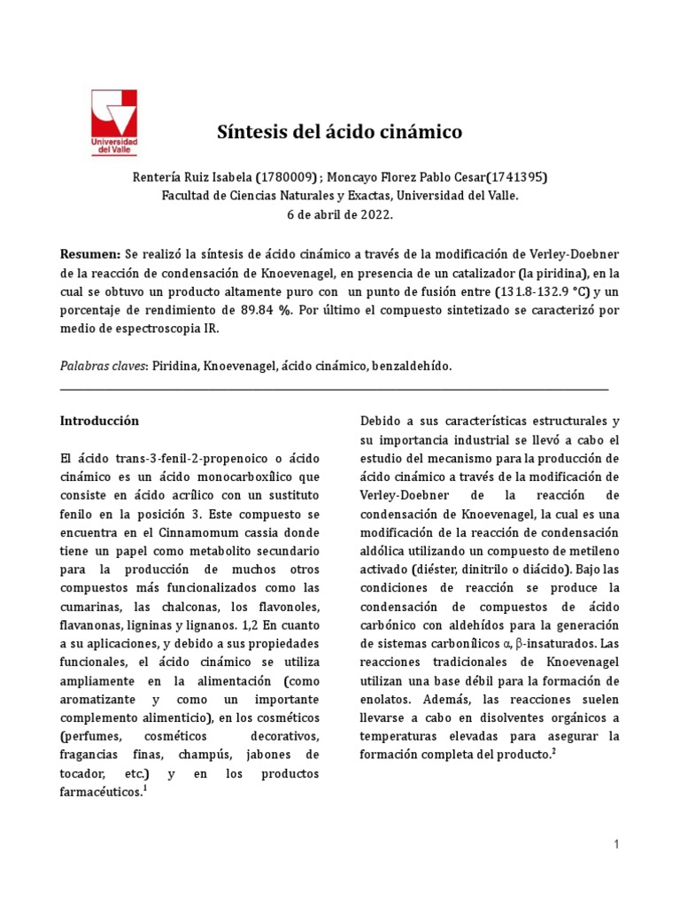 Síntesis de ácido cinámico por Knoevenagel | PDF | Piridina | Química