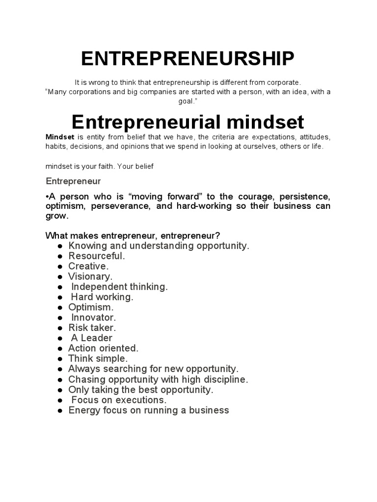 Entrepreneurship Entrepreneurial Mindset: Entrepreneur | PDF