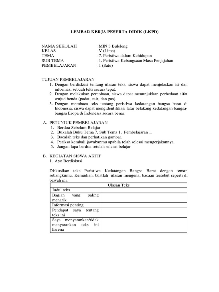 LKPD Kls 5, Tema 7, ST 1, Pem. 1 | PDF | Kajian Bahasa Asing | Fiksi Umum