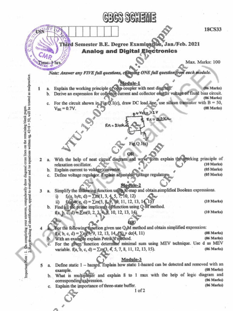 VTU Exam Question Paper With Solution of 18CS33 Analog and Digital ...