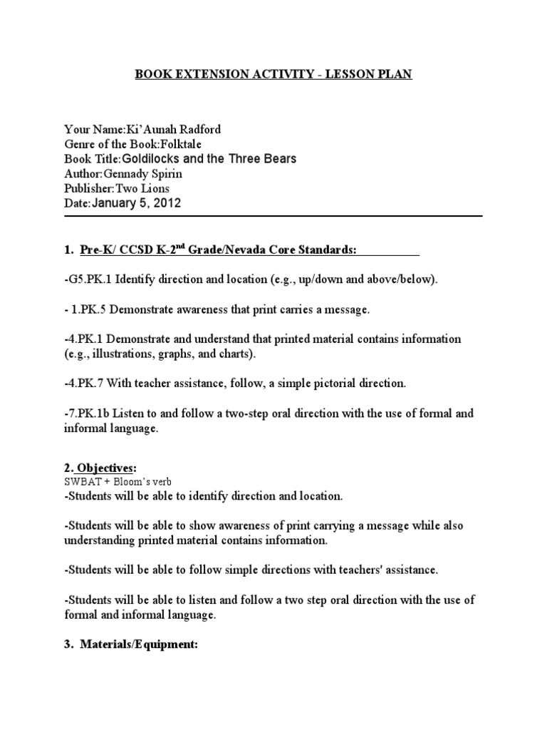 Goldilocks Lesson Plan for Pre-K | PDF | Lesson Plan | Education Theory