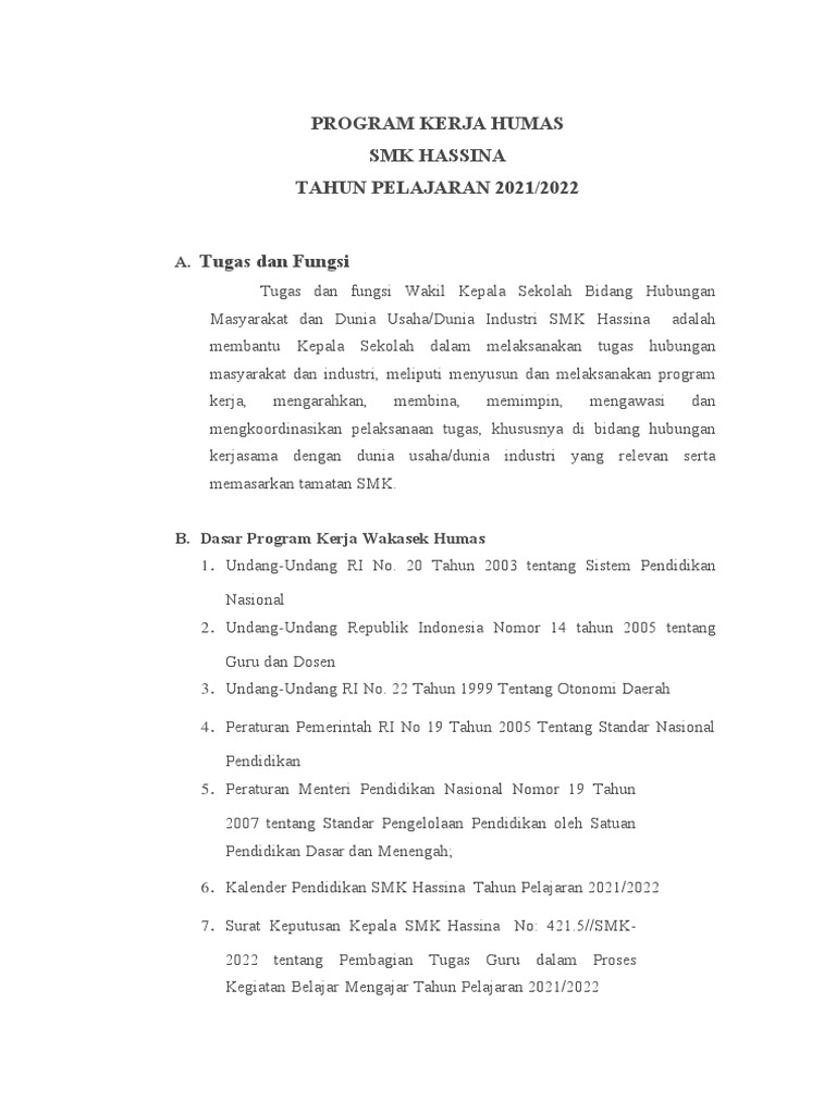 Program Kerja Waka Hubin SMK Hassina | PDF | Bisnis | Seni