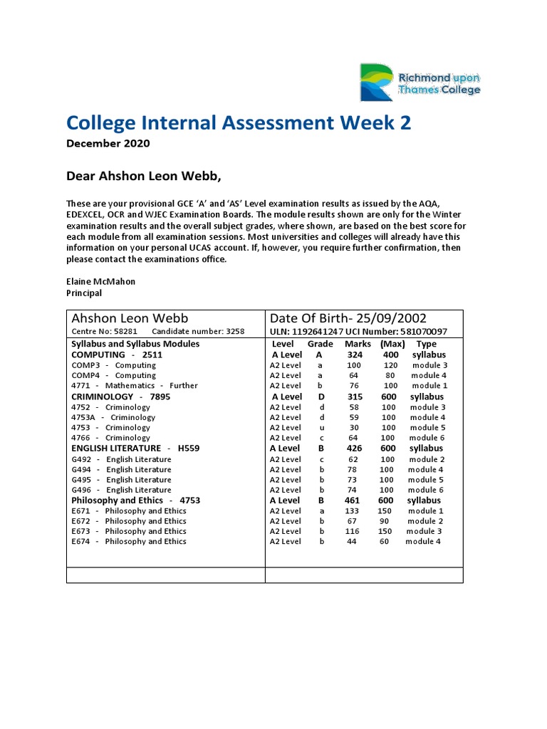 Candidate 58281 Internal Assessment Results | PDF | Educational ...