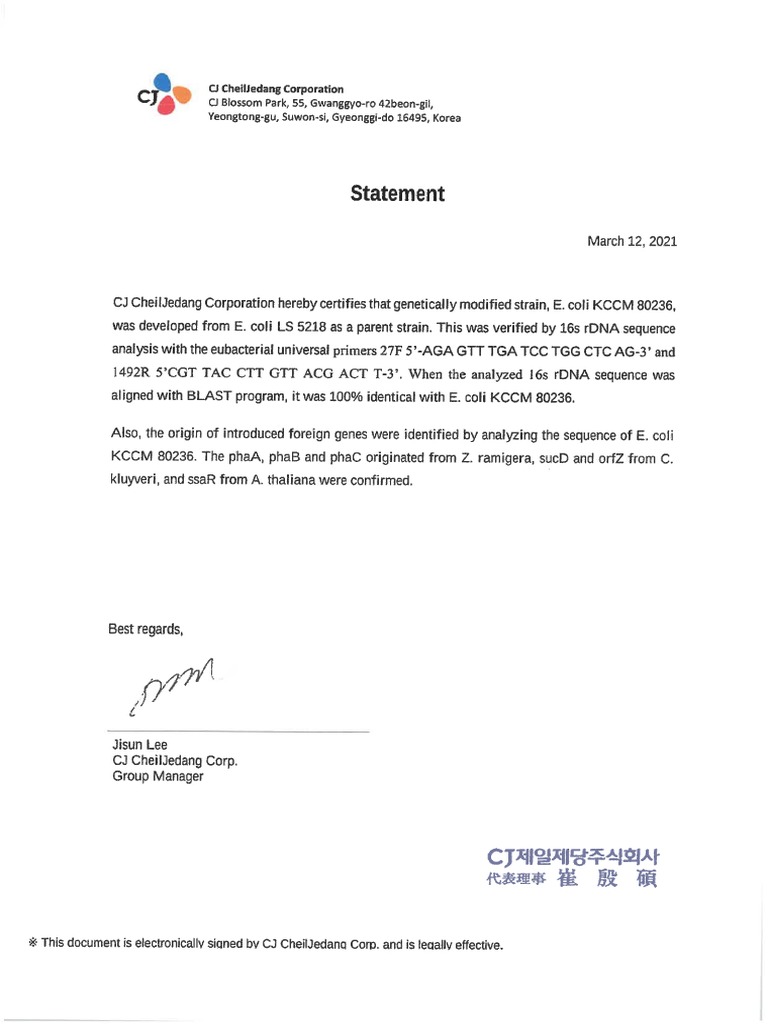 Statement GMO of E.coli KCCM 80236 & MSDS | PDF