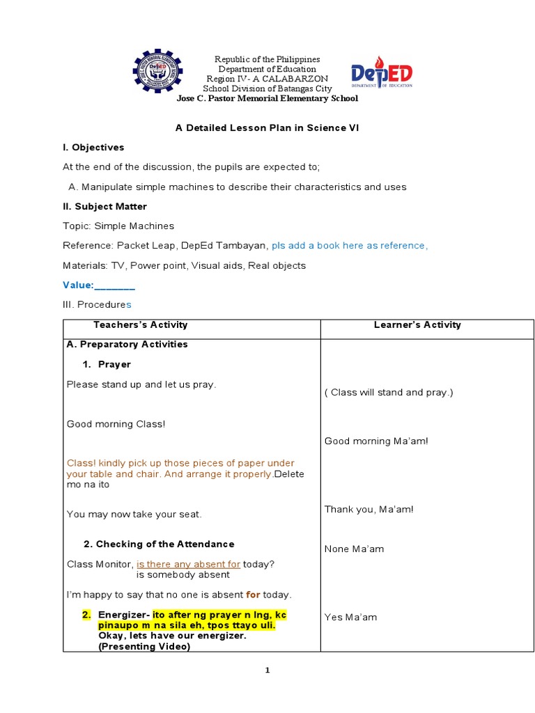 Simple Machines Lesson Plan for Grade 6 | PDF | Machines | Mechanical ...