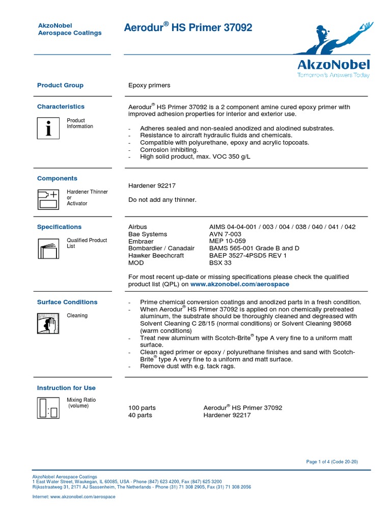 Aerodur Hs Primer 37092: ® Akzonobel Aerospace Coatings | PDF | Epoxy ...