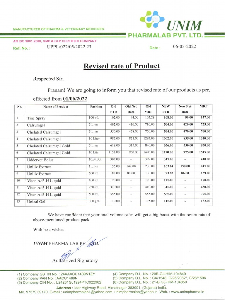 Revise Rate List by Unim Pharma Lab PVT LTD | PDF