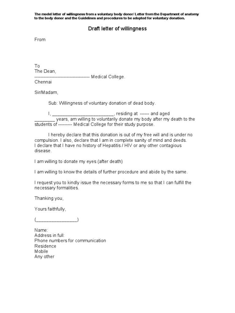 The Model Letter of Willingness From a Voluntary Body Donor | Identity ...