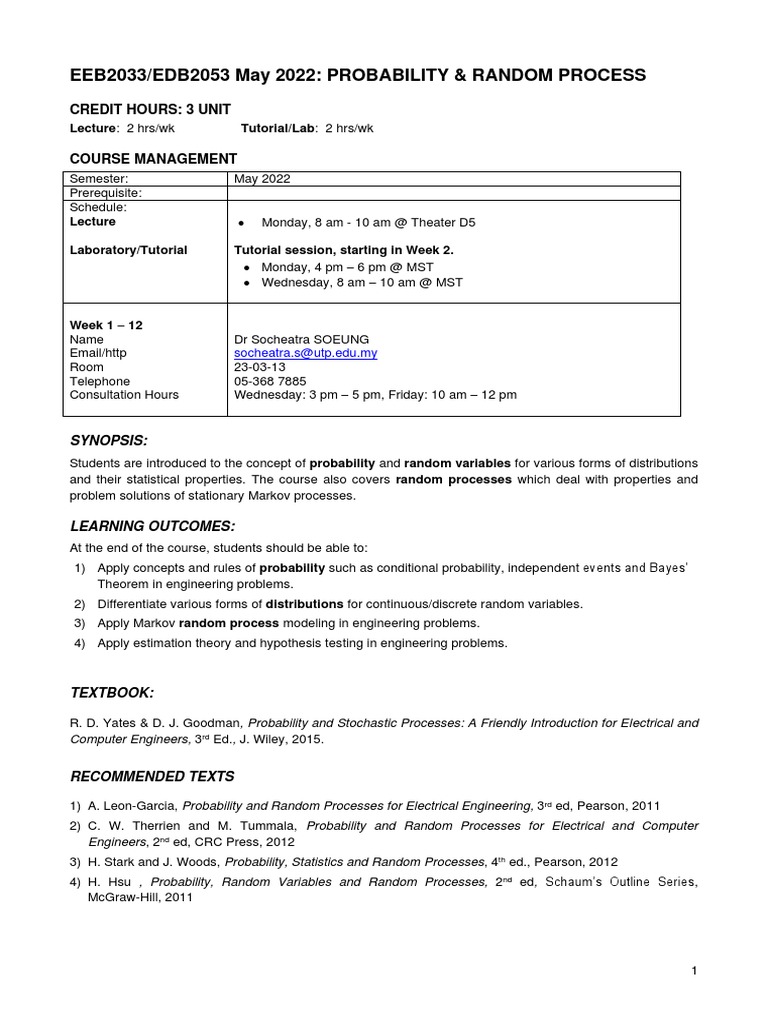 Eeb2033/Edb2053 May 2022: Probability & Random Process: Credit Hours: 3 Unit | PDF | Probability ...