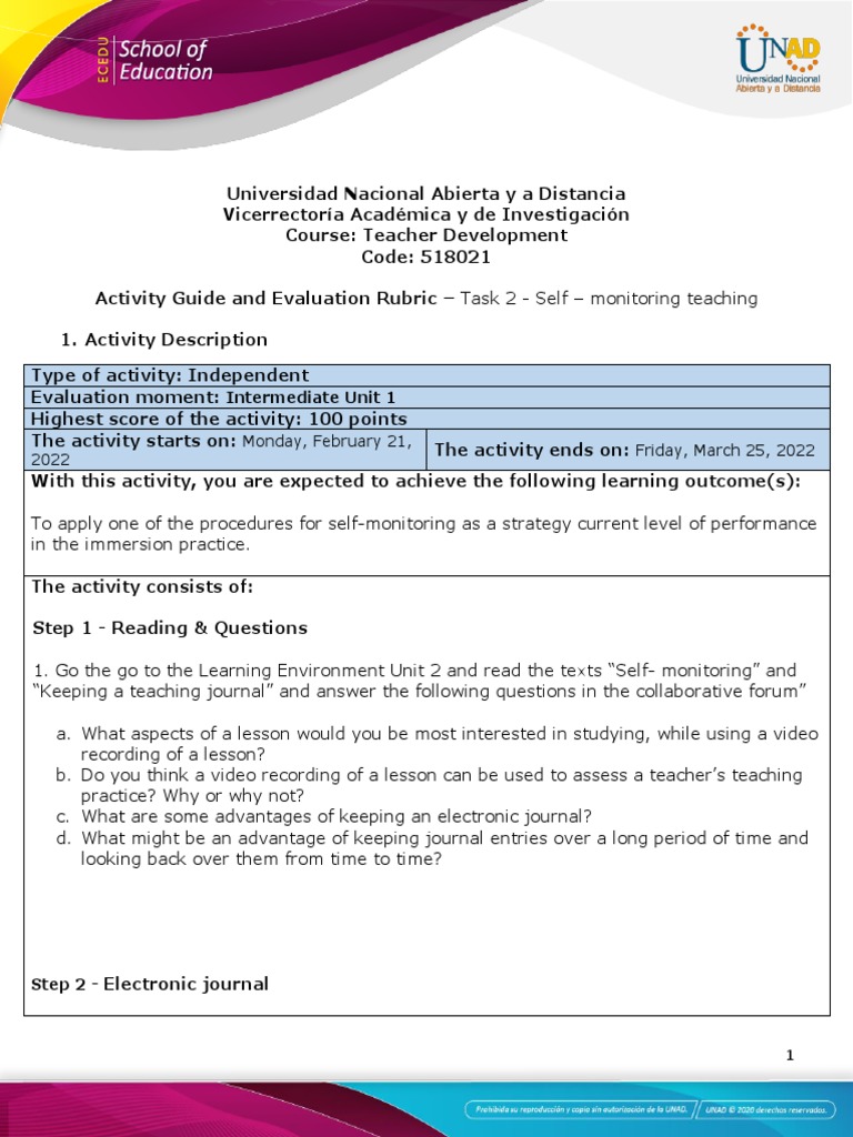 Self-Monitoring Teaching Activity Guide | PDF | Rubric (Academic) | Apa ...