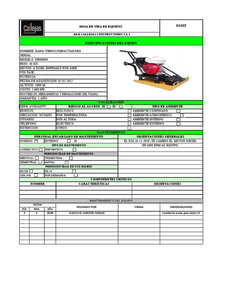 Hoja de Vida de Equipos | PDF