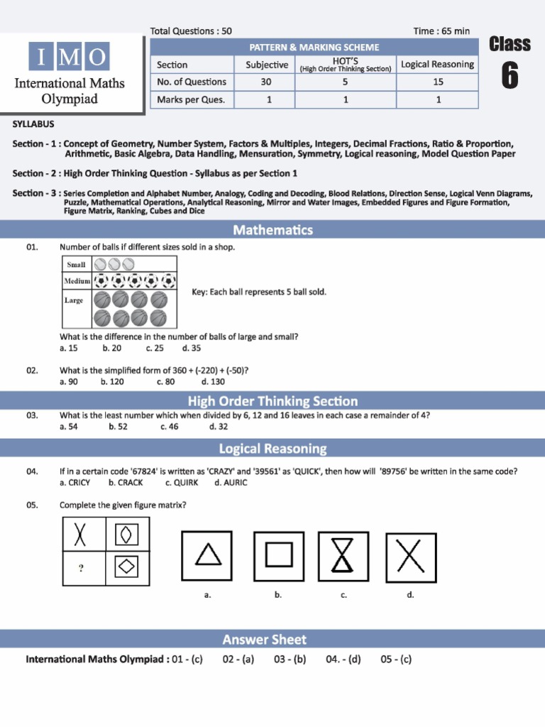 IMO Class 6 Sample Paper | PDF