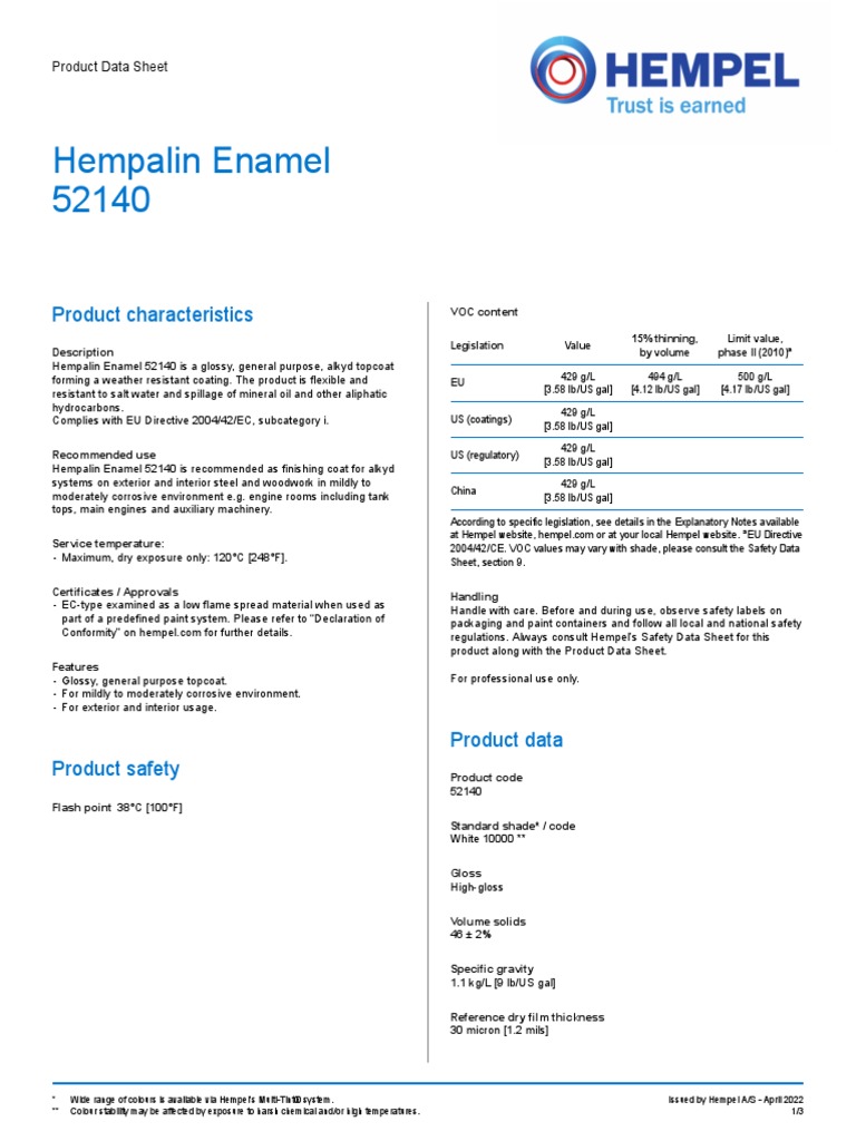 Hempalin Enamel 52140: Product Characteristics | PDF | Paint ...