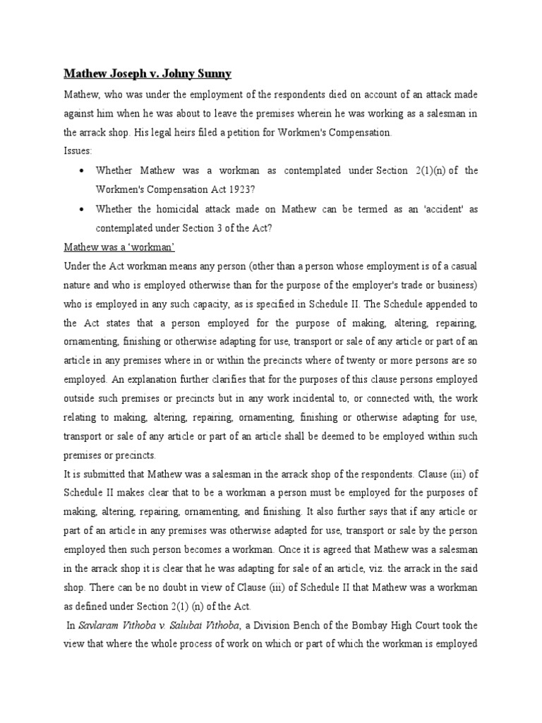 Mathew Joseph v Johny Sunny Workmen Compensation | PDF | Employment ...