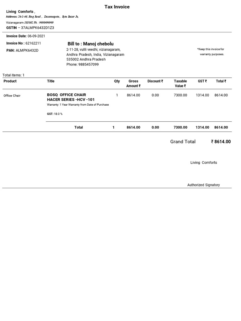 Office Chair Purchase Invoice | PDF