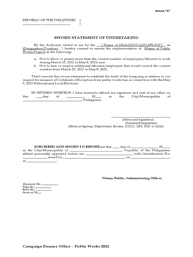 Sworn Statement of Undertaking: Annex "A" | PDF
