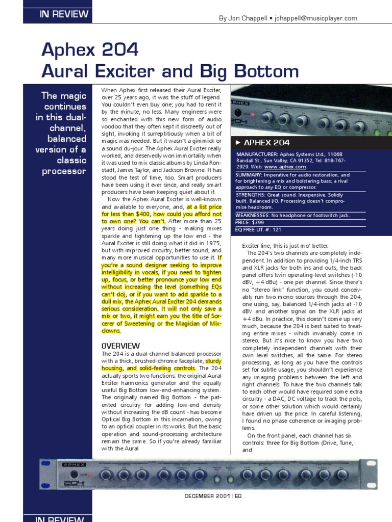 Aphex 204 Eq Review | PDF | Equalization (Audio) | Recording