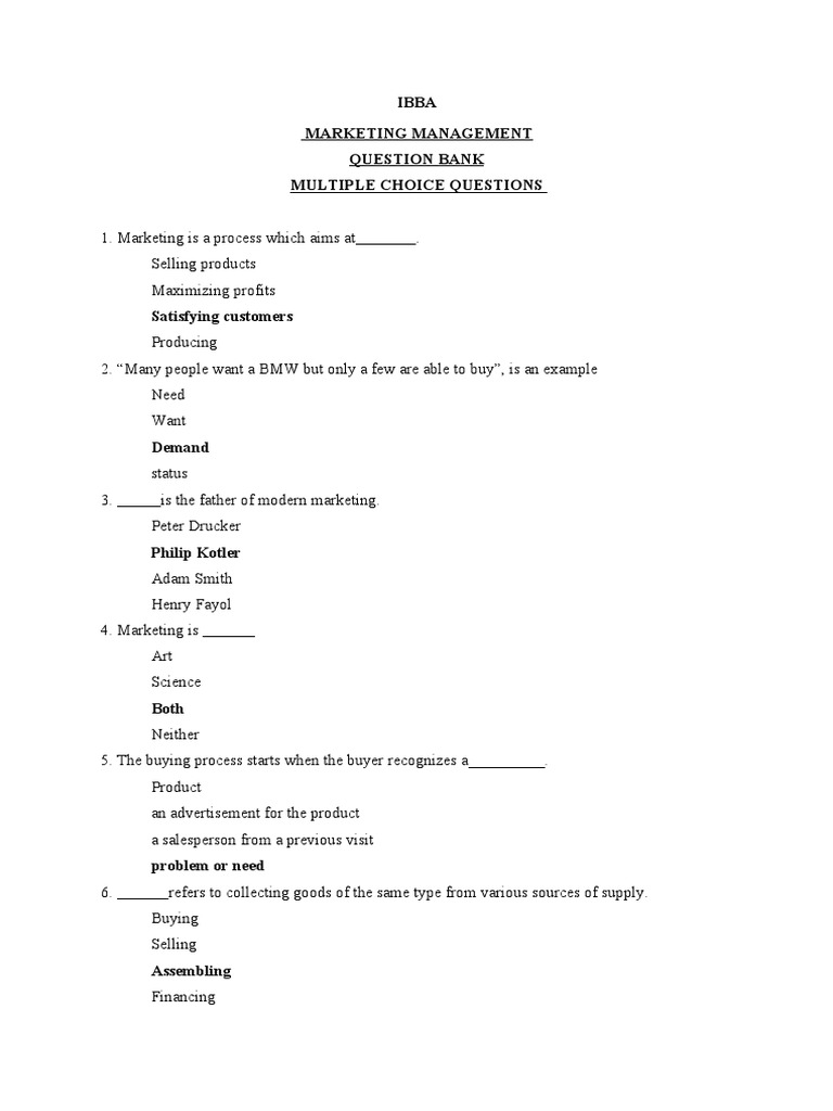 Ibba Marketing Management Question Bank Multiple Choice Questions | PDF ...