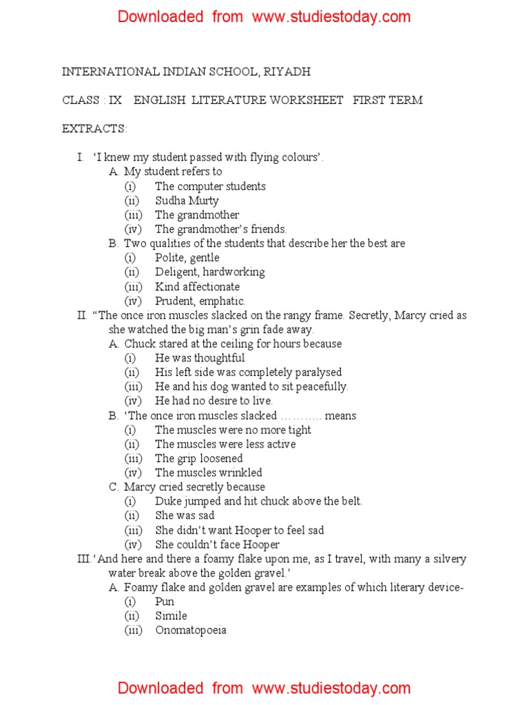 CBSE Class 9 English Extracts Worksheet | PDF