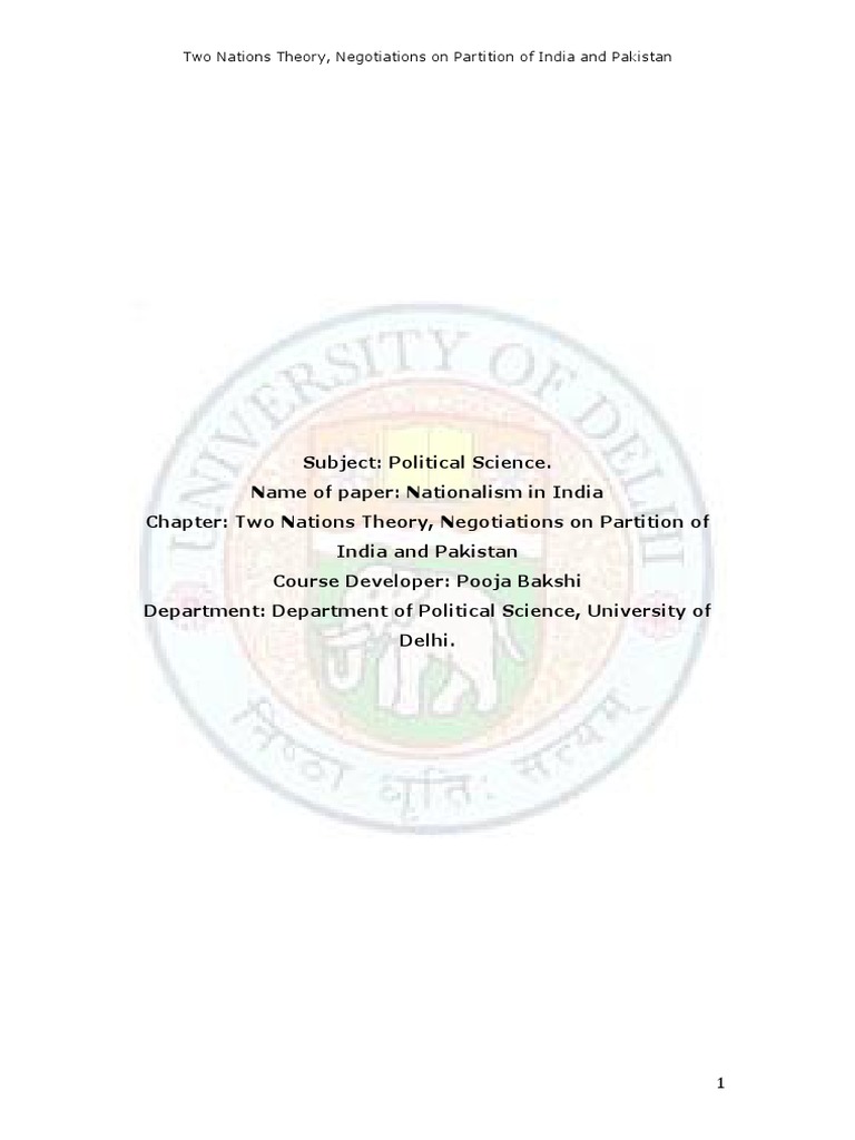 Two Nations Theory and India's Partition | PDF | Two Nation Theory ...