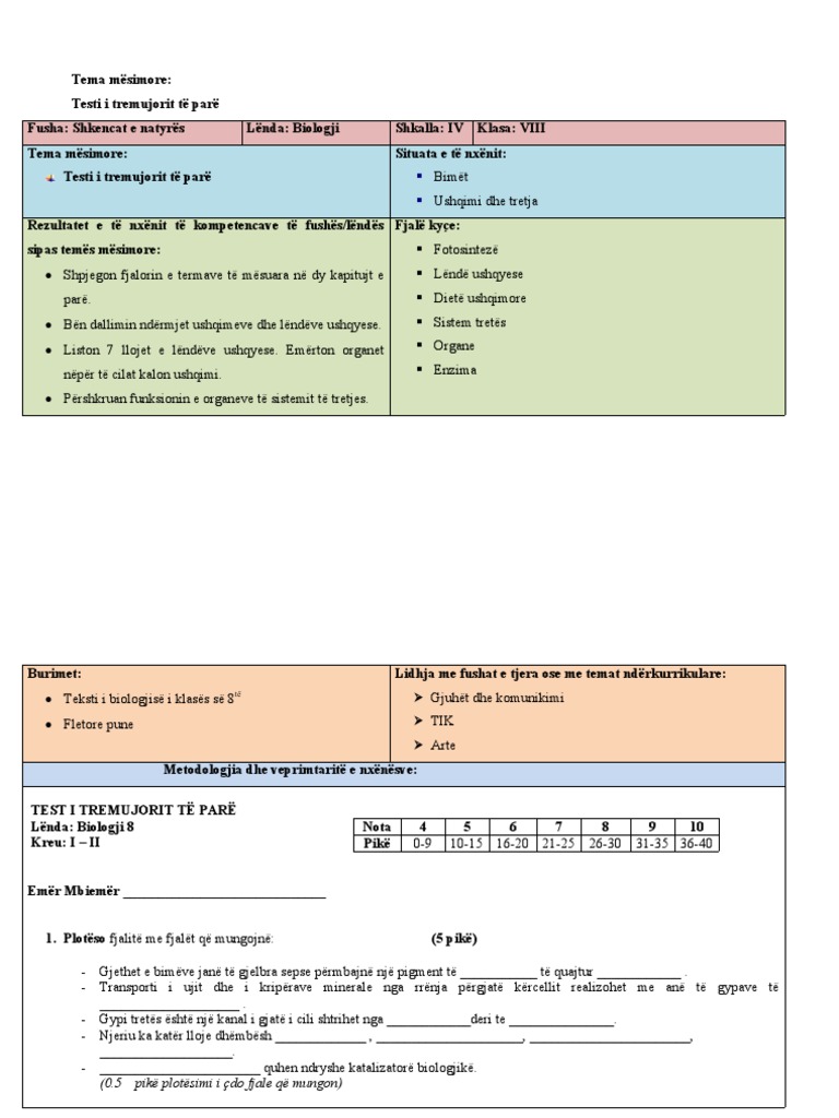 Biologjia 8 - Test 1 | PDF