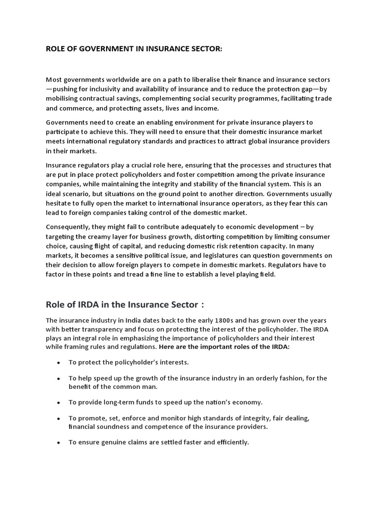 Important Role of IRDA in The Insurance Sector in India | PDF ...
