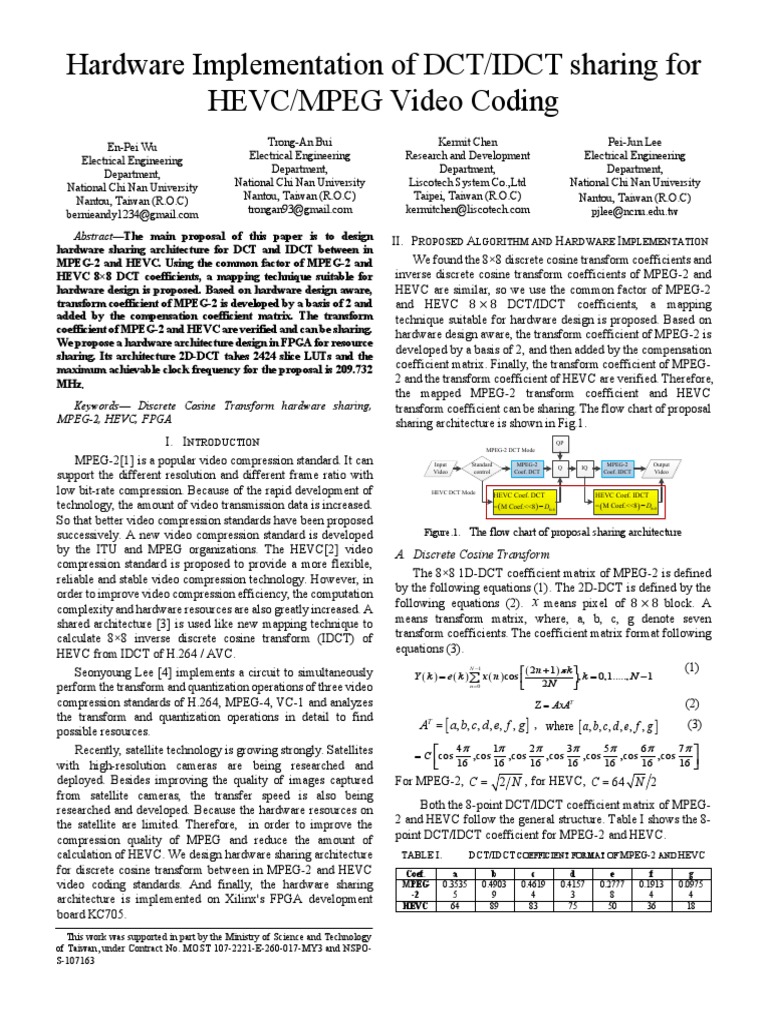 Efficient Hardware Implementation Of Dct Idct Sharing Between Hevc And Mpeg Video Coding