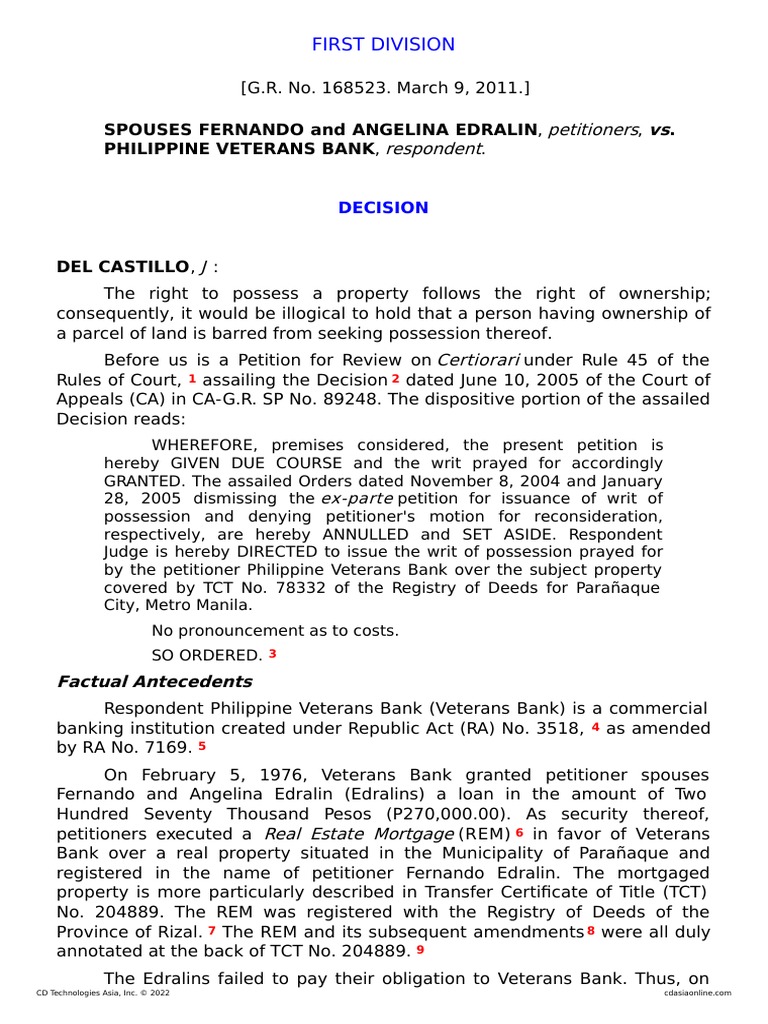 Sps. Edralin vs. Philippine Veterans Bank | PDF | Mortgage Law | Foreclosure