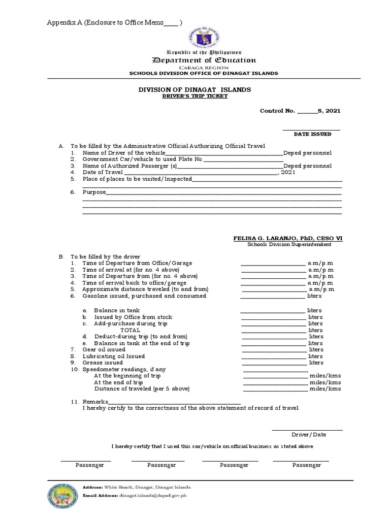 Sample Trip Ticket - DEPED SDO DINAGAT | PDF | Transportation ...