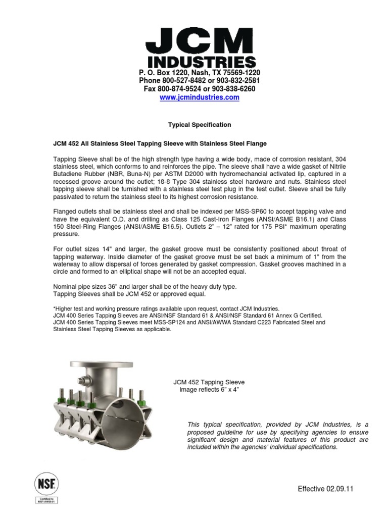 JCM 452 Stainless Tapping Sleeve | PDF | Mechanical Engineering | Civil ...