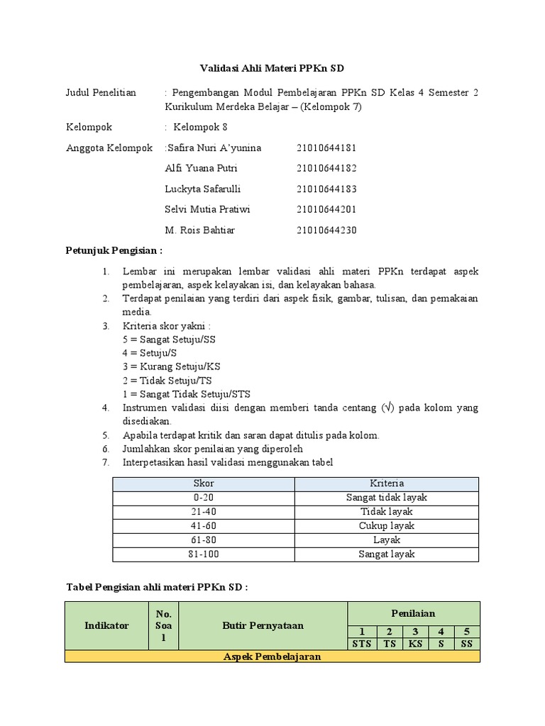 Instrumen Angket Modul PBA PPKN SD | PDF