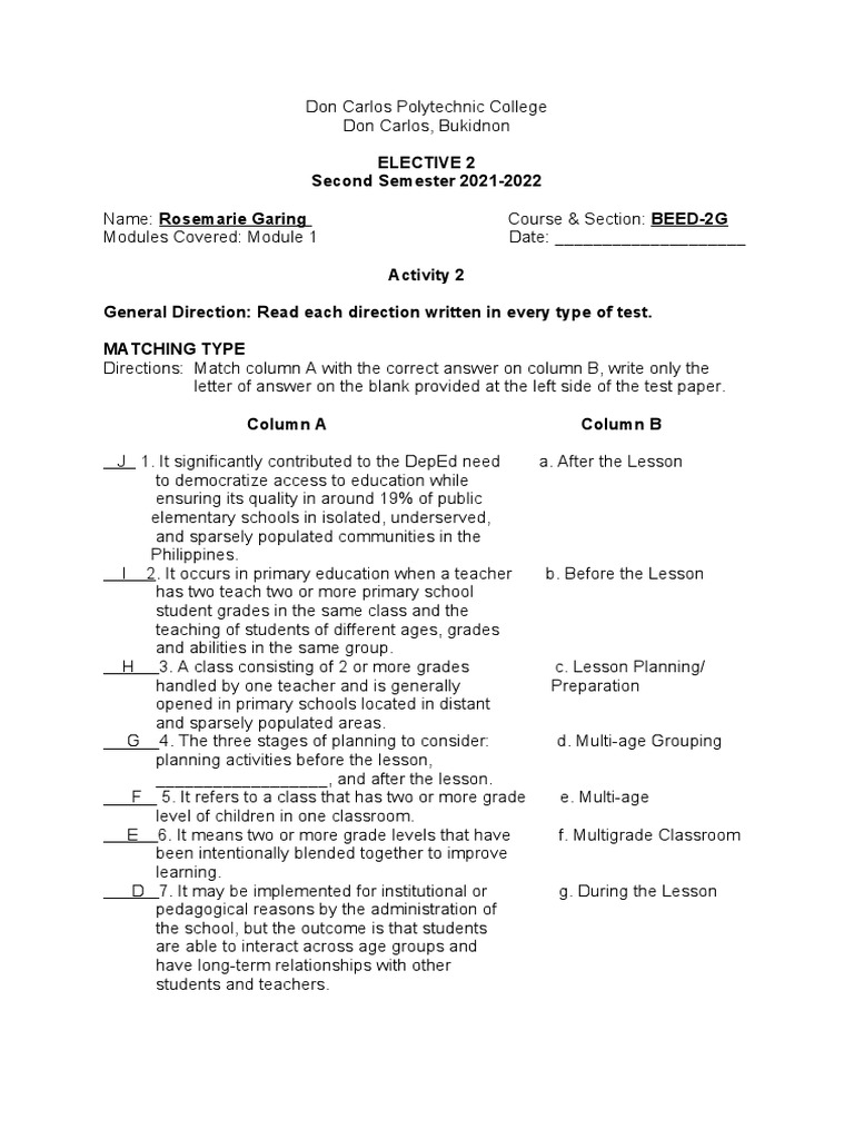 Elective 2 Activity 2 (Answers) | PDF | Lesson Plan | Teachers