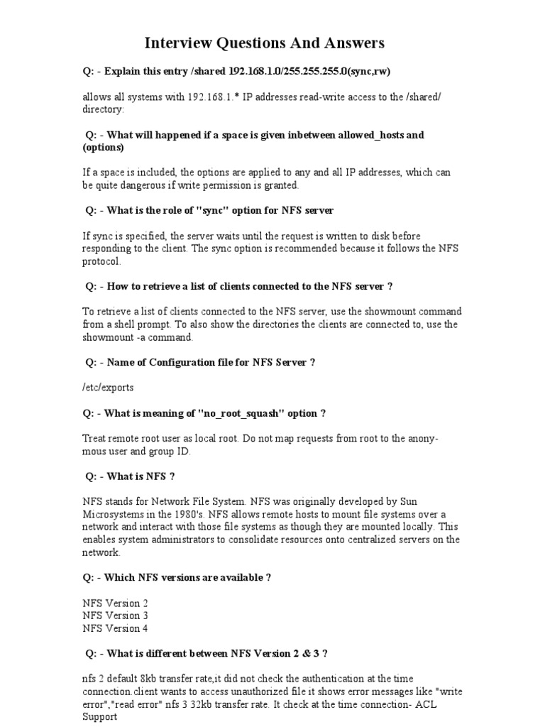 Interview Questions and AnswersNFS | PDF | File System | Server (Computing)