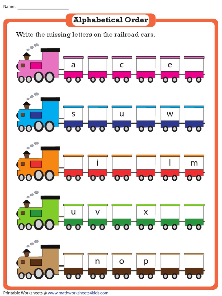 Alphabetical Order: Write The Missing Letters On The Railroad Cars | PDF