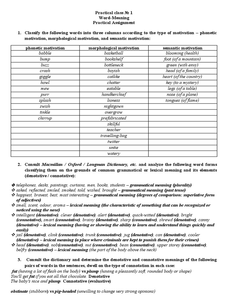 Practical Word Meaning Analysis Class 1 | PDF | Linguistics | Cognitive ...