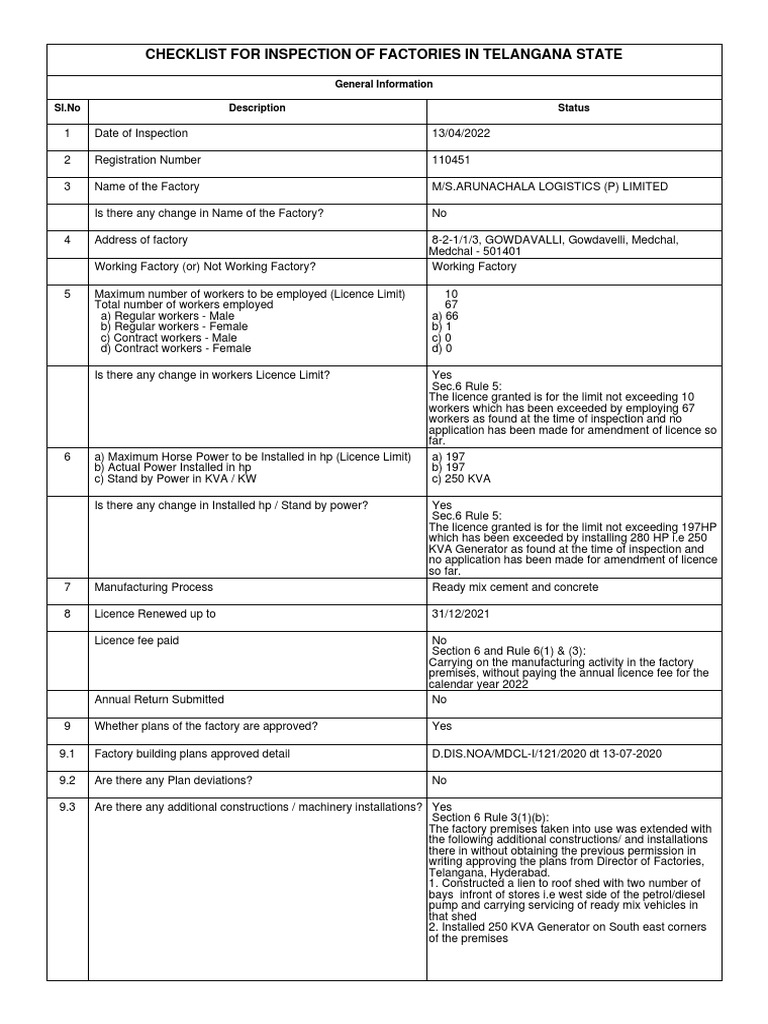 Telangana Factory Inspection Checklist | PDF | Safety