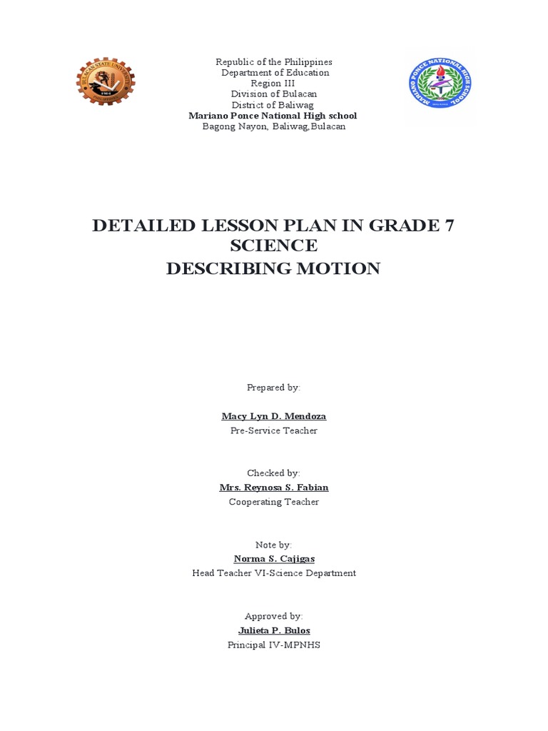 Detailed Lesson Plan in Grade 7 Science Describing Motion: Mariano ...
