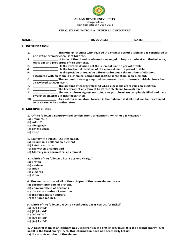 Chemistry Final Exam | PDF